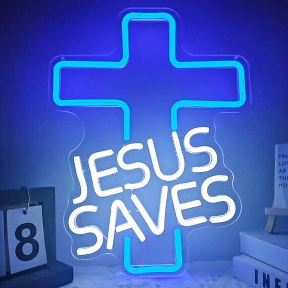 Accents | New Cross Neon Sign Jesus Saves Led Wall Decor Dimmable ...